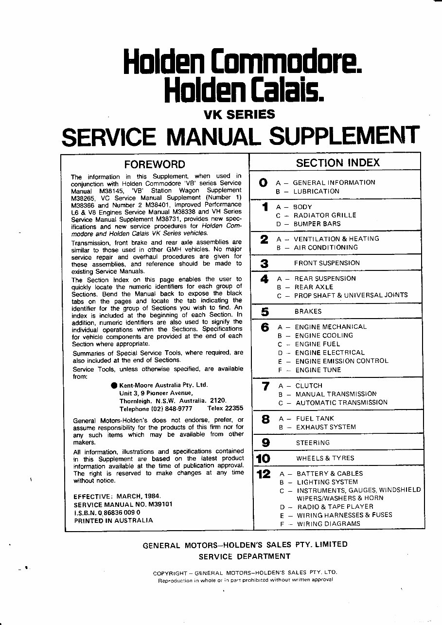 1984-1986 Holden Commodore (VK) Service & Repair Manual | eManualOnline
