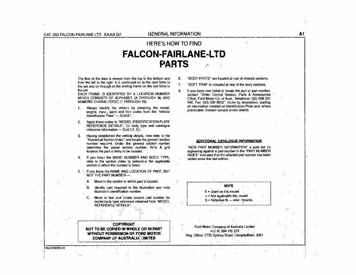 FORD EF EL FALCON TICKFORD FACTORY Parts Catalogue | eManualOnline