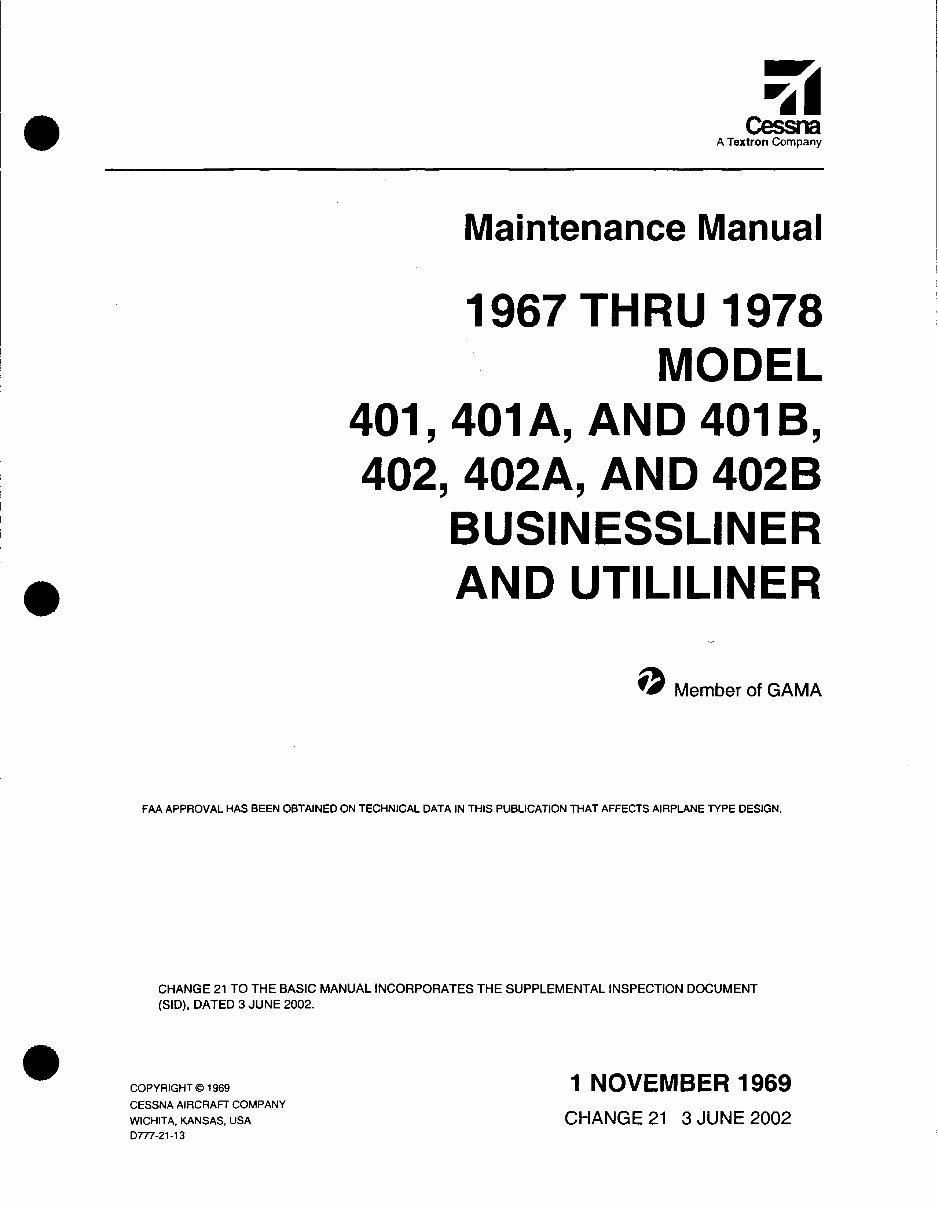 1967-1978 Cessna 401 402 Aircraft Service & Repair Manual | eManualOnline