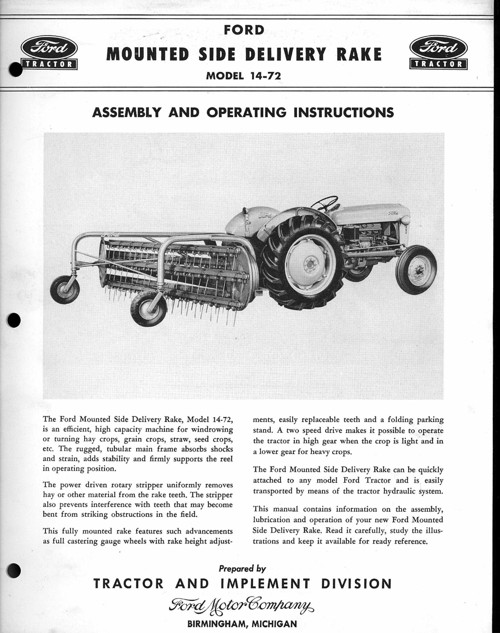 Ford 14-72 Mounted Side Delivery Rake Assembly Owners Manual ...
